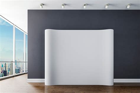 빈 흰색 롤업 배너와 3d 인테리어 0명에 대한 스톡 사진 및 기타 이미지 0명 3차원 형태 가구 Istock