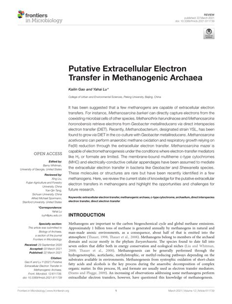 Pdf Putative Extracellular Electron Transfer In Methanogenic Archaea