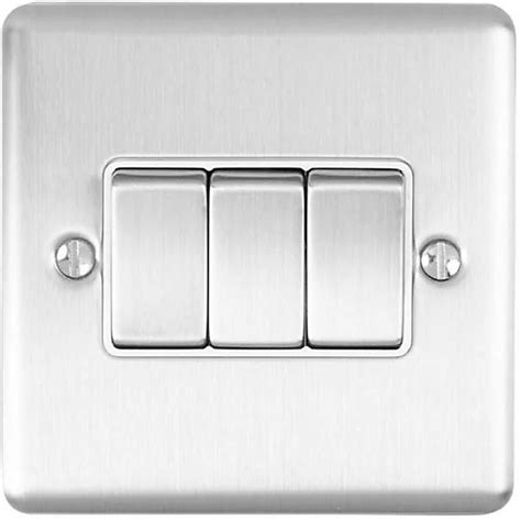 3 Gang Triple Light Switch Satin Steel 2 Way 10a White Trim And Metal Rocker