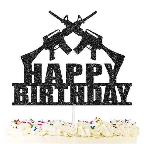 Halo Cake Toppers Gun Theme Birthday Cake Topper Black Glitter Bullet