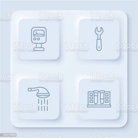 세트 라인 압력 수량계 렌치 스패너 샤워 및 시험관을 드롭합니다 흰색 사각형 버튼입니다 벡터 건강 검진에 대한 스톡 벡터 아트