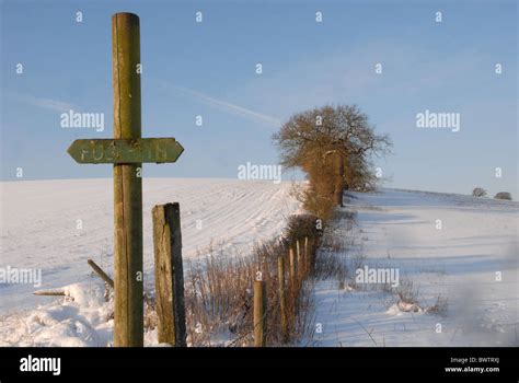 Snow Landscape Fields Chilterns Hedge Boundary Footpath Sign Fence