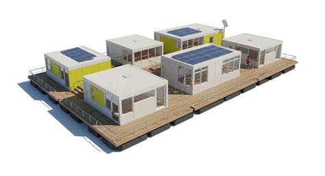 Five Modular Box Shaped Structures On A Floating Platform Are