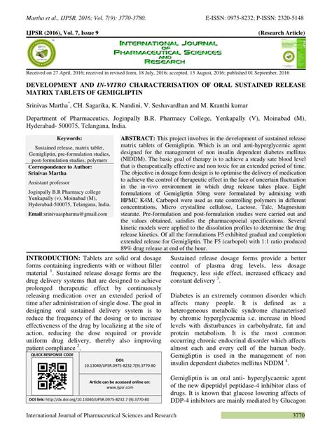 Pdf Development And In Vitro Characterisation Of Oral Sustained Release Matrix Tablets Of