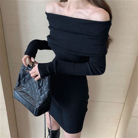 베이직 골지라인 오프숄더 니트 미니원피스 간절기 결혼식 하객 가을 봄 나들이 데이트 데일리 코디룩 바캉스 휴양지원피스