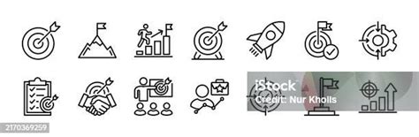 사업 미션 대상 얇은 선 아이콘 세트입니다 화살표 산 정상 목표 업적 다트판 로켓 시작 체크리스트 팀워크 정확한 전략 목표 개발 성공 목표를 포함합니다 벡터 일러스트 레이