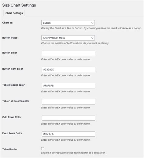 woocommerce size chart product size guide and specifications