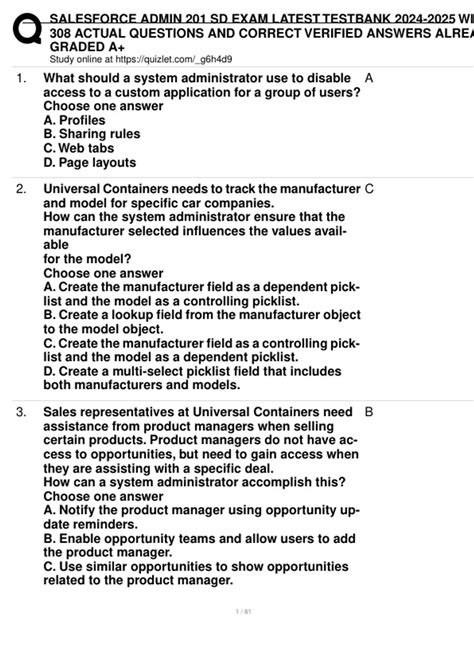 Salesforce Admin 201 Sd Exam Latest Testbank With 308 Actual Questions