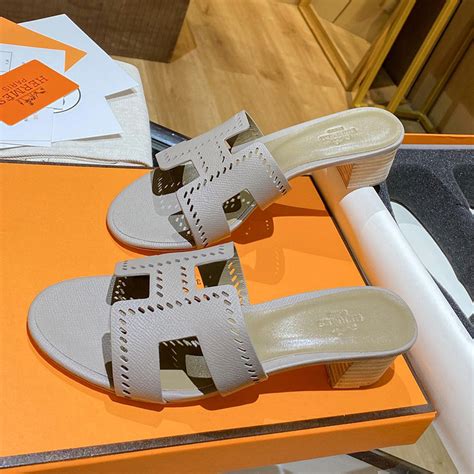 Hermes Oasis Slides Women Hollow Leather In Grey Hermes Outlet Stores