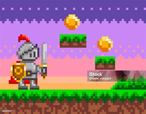 픽셀 게임 기사 용감한 캐릭터 방패와 칼을 들고 전사와 픽셀화 된 자연 풍경 모자이크 처리에 대한 스톡 벡터 아트 및 기타 이미지 모자이크 처리 가공의 인물 검