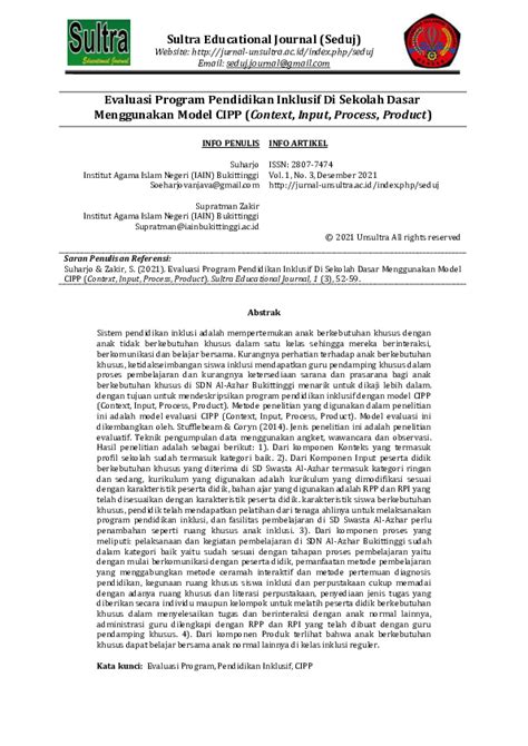 Pdf Evaluasi Program Pendidikan Inklusif Di Sekolah Dasar Menggunakan