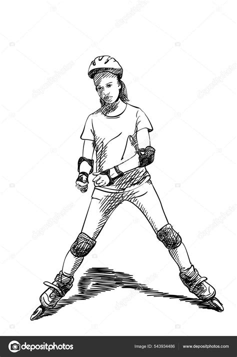 Sketch Teenage Girl Rollers Skating Unhappy Face Isolated White