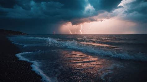 Dramatic Thunderstorm Over The Ocean Lightning Strikes Through Cloudy