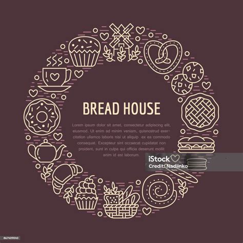 빵집 제과 포스터 템플릿 음식 라인 벡터 아이콘 과자 꽈 배기 크루아상 머핀 과자 먹고 원형 밀의 그림 빵 집 제품 어두운 배너