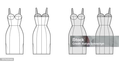 집업 튜브 드레스 기술 패션 일러스트와 뷔스티에 민소매 숄더 스트랩 몸에 맞는 무릎 길이 0명에 대한 스톡 벡터 아트 및 기타 이미지 Istock