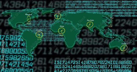 world map with clocks showing different time zones and binary code animation stock video adobe