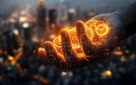 Engineers Hand With Glowing Gears Overlay Blending City Dynamics And