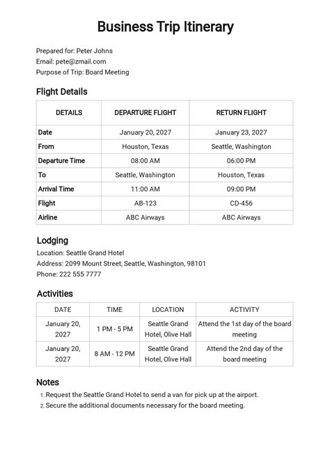 Word Itinerary Template
