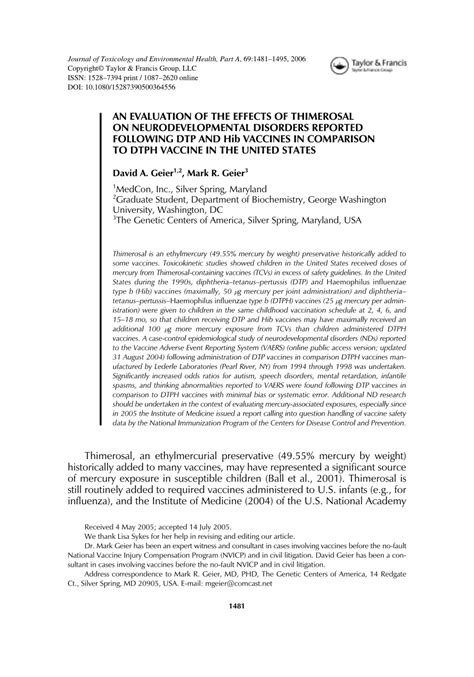 Pdf An Evaluation Of The Effects Of Thimerosal On Neurodevelopmental