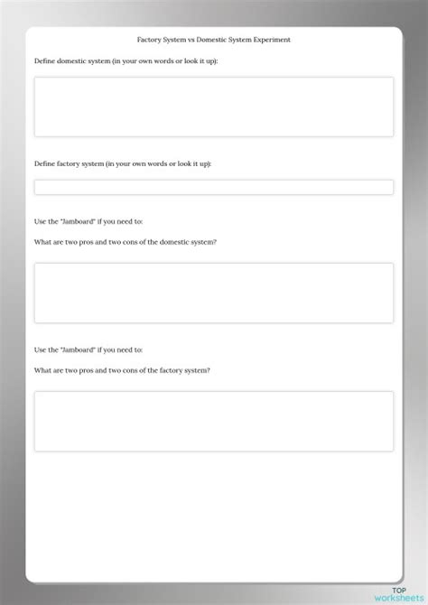 Factory System Vs Domestic System Experiment Interactive Worksheet