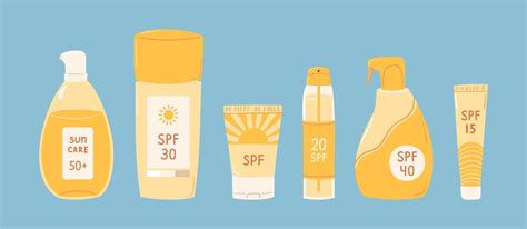플랫 스타일 컬렉션 스킨 케어 자외선 제품 튜브 스프레이 로션 및 젤 벡터의 태양 안전을 갖춘 Spf 파란색 배경이 있는 그림 자외선 차단제 프리미엄 벡터