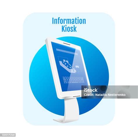 정보 키오스크 플랫 컨셉 아이콘 거리 대화 형 패널 스티커 클립 아트 흰색 배경에 터치 스크린 인터페이스 고립 만화 그림혁신적인