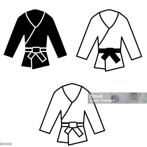 흰색 배경에 가라테 슈트 아이콘입니다 개요 기모노 벡터 아이콘입니다 유도 유니폼 기호입니다 무술 기호입니다 플랫 스타일 태권도에 대한 스톡 벡터 아트 및 기타 이미지
