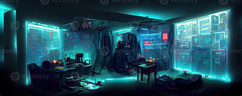 Illustration Of Messy And Dark Cyberpunk Hacker Hideout Room With