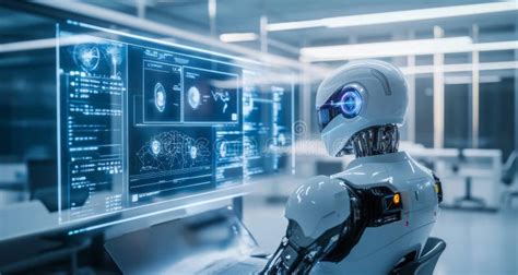 Robot Engaged In Complex Data Analysis In A Futuristic Workspace