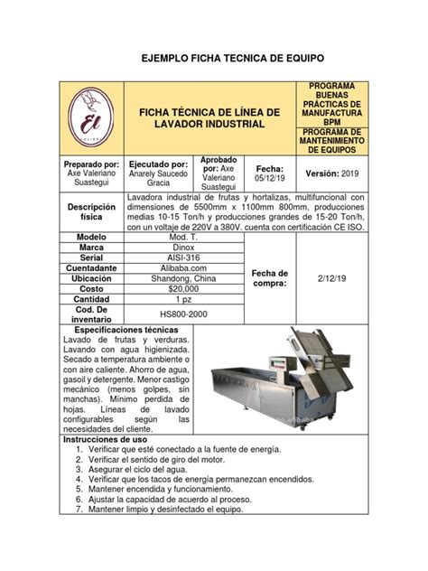 Ficha Técnica De Lavadora Industrial Pdf Tecnología