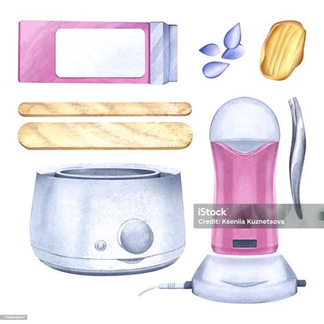체모 제거용 스타터 키트 왁스 용해기 왁스 카트리지 핀셋 나무 막대기 과립 살롱 절차 전자 장치의 수채화 그림 왁스에 대한 스톡 벡터 아트 및 기타 이미지 Istock