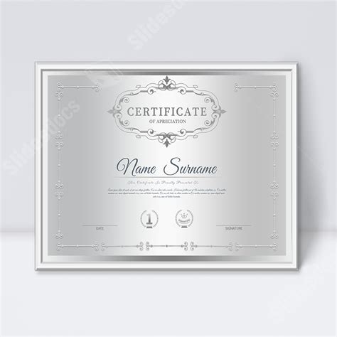 Certificate With A Silver Frame In A European Pattern Word Template And