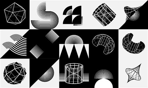 현대적인 트렌디 한 흑백 기하학적 모양 사이버펑크 복고풍 미래주의 세트 0명에 대한 스톡 벡터 아트 및 기타 이미지 0명 3차원 형태 검은색 Istock