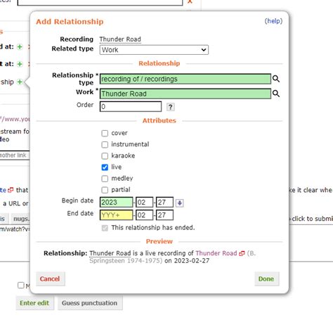 copy to end date not working in add relationship window musicbrainz metabrainz community