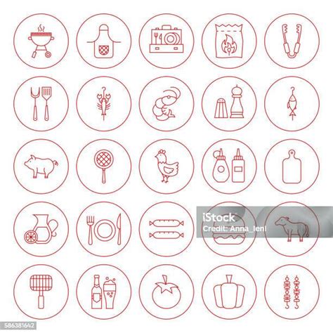 Line Circle Bbq Icons Set Stock Illustration Download Image Now