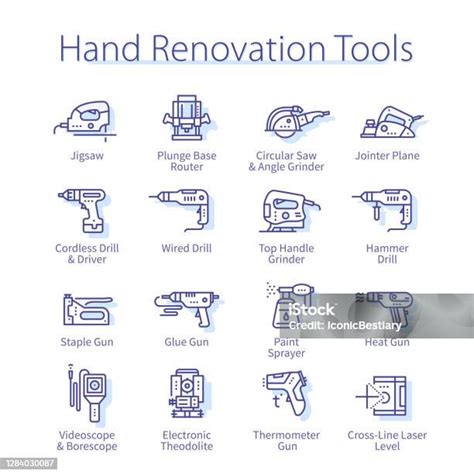 손 개조 도구 팩 해머 드릴 스테이플 온도계 총 비디오 스코프 전기 분쇄기 얇은 라인 아이콘 세트 시공 작업 수리 장비 선형