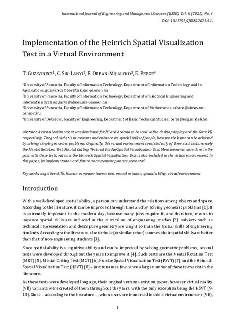 Pdf Implementation Of The Heinrich Spatial Visualization Test In A