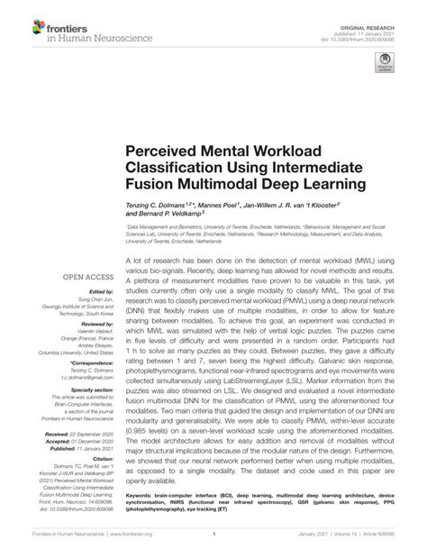 Pdf Perceived Mental Workload Classification Using Intermediate Fusion Multimodal Deep Learning