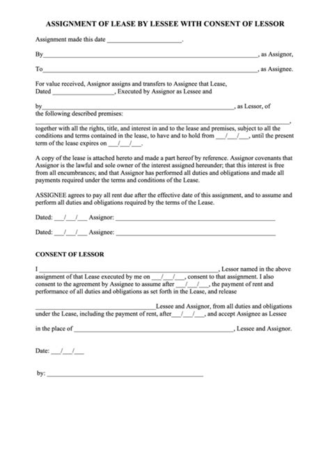 Assignment Of Lease By Lessee With Consent Of Lessor Printable Pdf Download