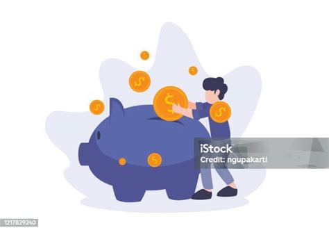 비용 절감 개념 플랫 벡터 그림입니다 한 남자가 돼지 저금통에 달러 동전을 넣었습니다 배너 Ui 전단지 웹 방문 페이지 및 포스터에 대한 요소입니다 저축에 대한 스톡 벡터