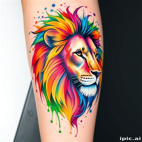 A Vibrant And Colorful Lion Tattoo Design With Artistic Splash Effects