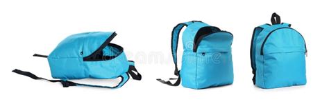 Light Blue Backpack Isolated On White Collage Different Sides Stock