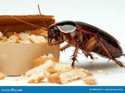 A Cockroach Feasts On Bread Crumbs Stock Image Image Of Container