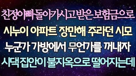 반전 사연 친정아빠 돌아가시고 받은 보험금으로 시누이 아파트 장만해 주라던 시모 누군가 가방에서 무언가를 꺼내자 시댁 집안이 불지옥으로 떨어지는데 사이다사연라디오