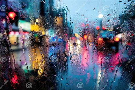 Colorful Abstract Cityscape Viewed Through Rainy Window Stock