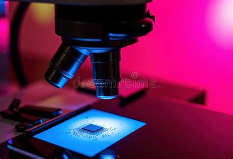 Close Up Of A Microscope Examining A Microchip Under Vibrant Lighting Stock Image Image Of