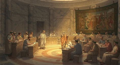 A Detailed Depiction Of A Classical Roman Senate Assembly Men In