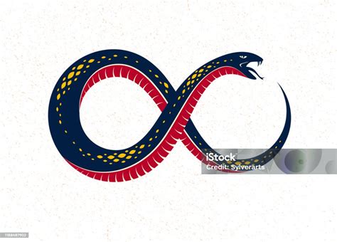 무한의 상징 삶과 죽음의 끝없는 주기 고대 우로 보로스 기호 벡터 일러스트 뱀은 자신의 이야기 로고 엠블럼 또는 문신을 먹는 무한의 상징의 모양으로 개념에 대한 스톡 벡터