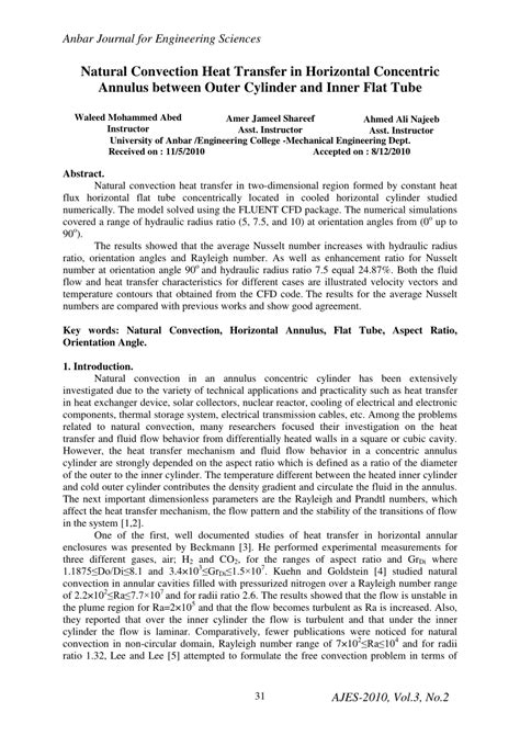 Pdf Natural Convection Heat Transfer In Horizontal Concentric Annulus Between Outer Cylinder