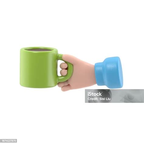 만화 제스처 아이콘 Mockupcartoon 손은 김이 나는 커피 컵을 들고 흰색 배경에 렌더링3d 3차원 형태에 대한 스톡